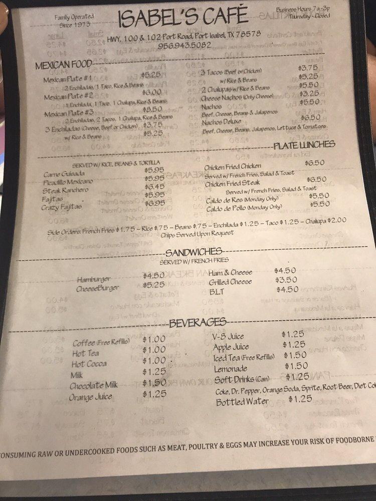 Menu at Isabel's Cafe, Port Isabel