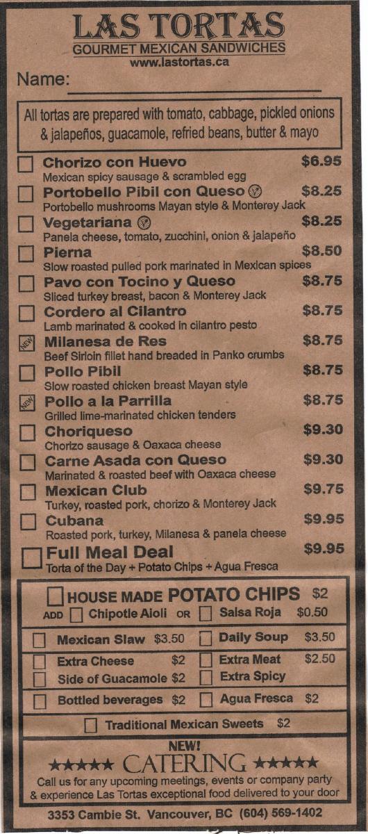 Menu at Las Tortas Mexican Gourmet Sandwiches restaurant, Vancouver