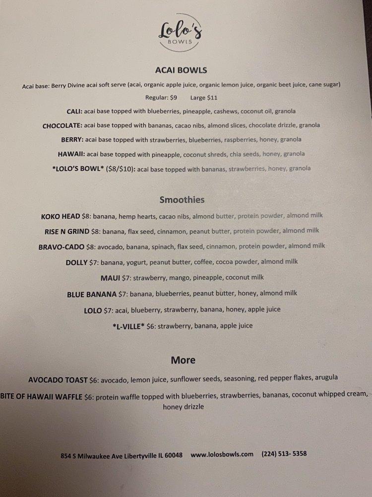 Menu at Lolo’s Bowls pub & bar, Libertyville
