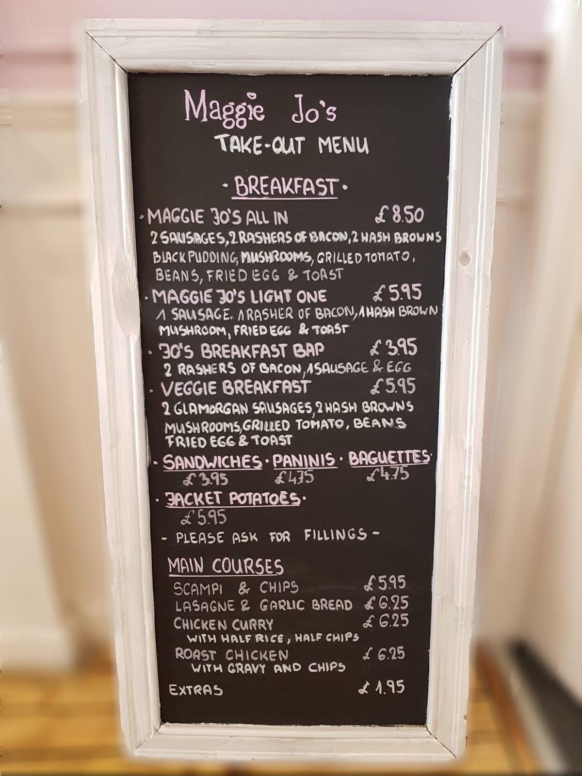Menu at Maggie Jo's Coffee House, Barry