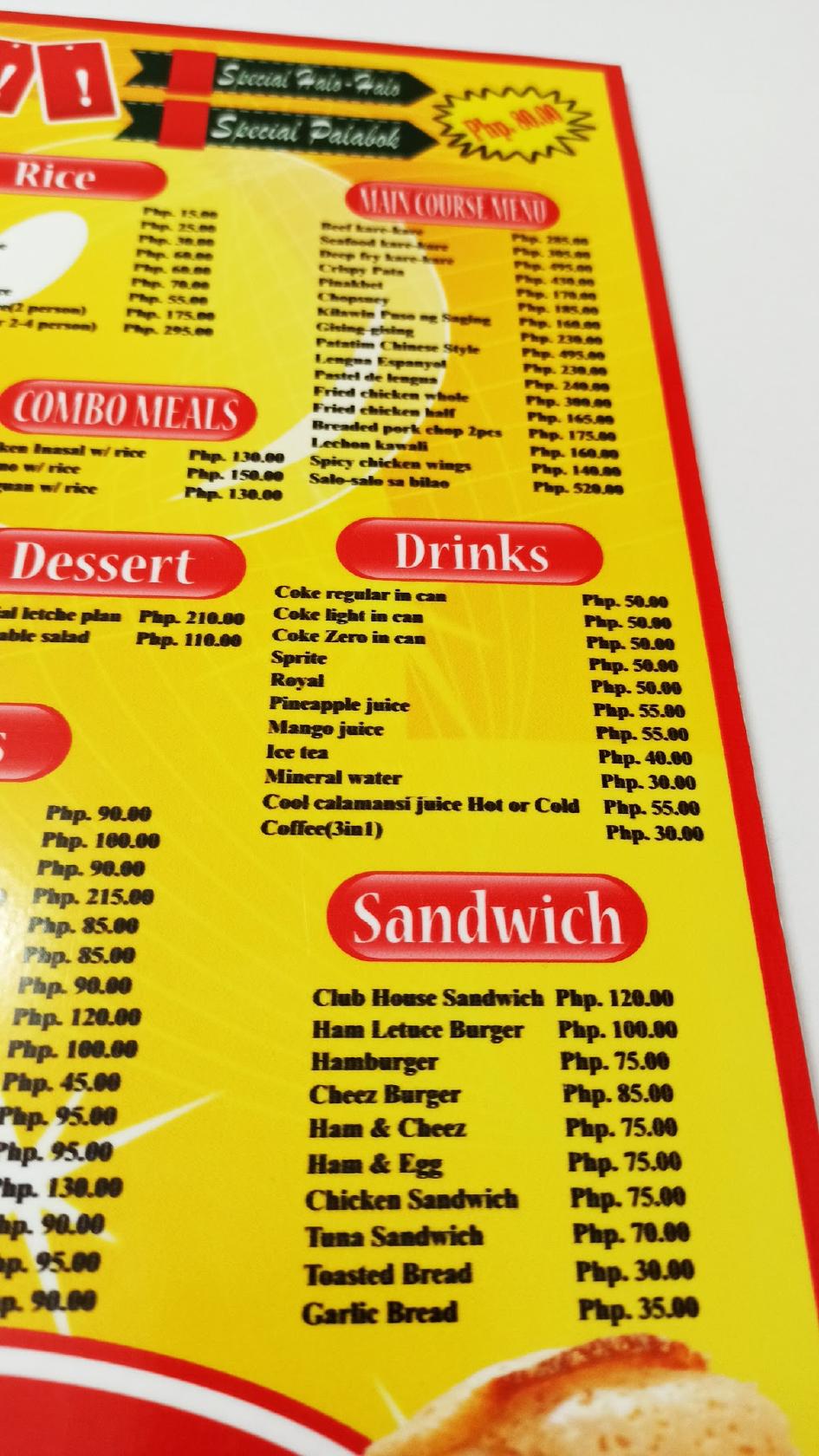 Menu at Razon's restaurant, Cabanatuan City, FXRF+J25