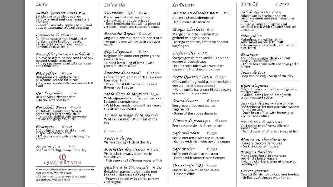 Menu at Restaurant Quartier Latin, Amsterdam, Utrechtsestraat 49