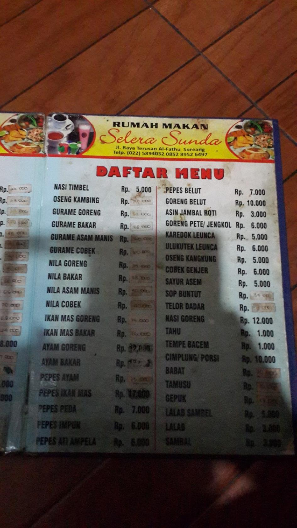 Menu at Selera Sunda restaurant, Soreang