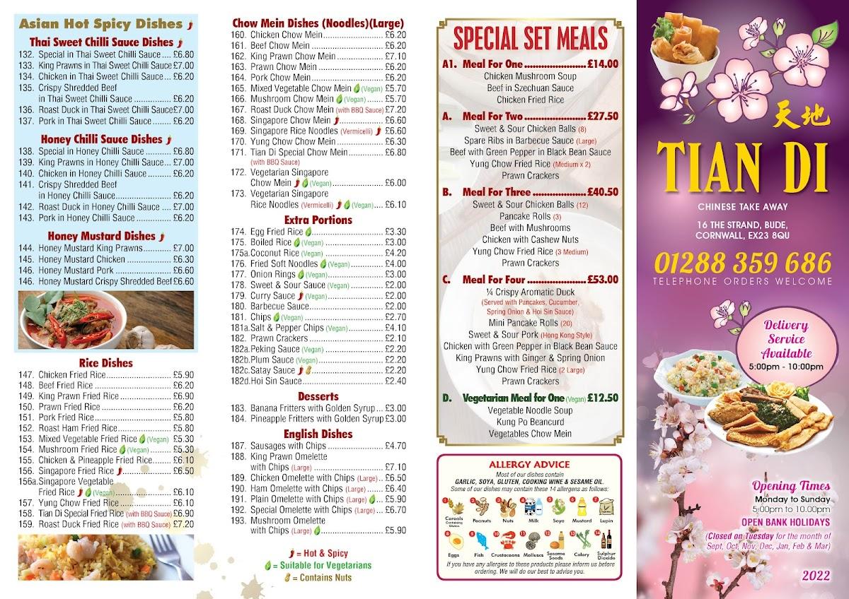 Menu at TIAN DI CHINESE TAKE AWAY restaurant, Bude