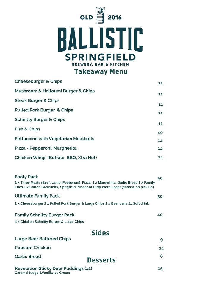 Menu at Ballistic Springfield pub & bar, Springfield Central