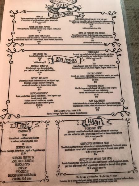 Menu at Brine restaurant, Eastham