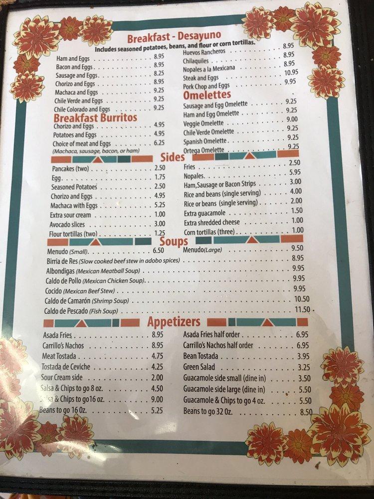 Menu at Carrillo's Mexican Food restaurant, Clovis
