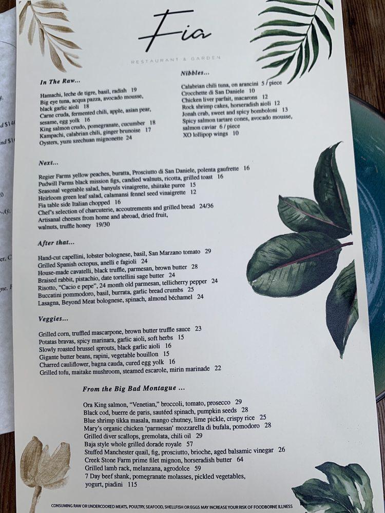Menu at Fia Restaurant, Santa Monica