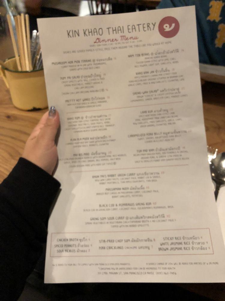 Menu at Kin Khao restaurant, San Francisco