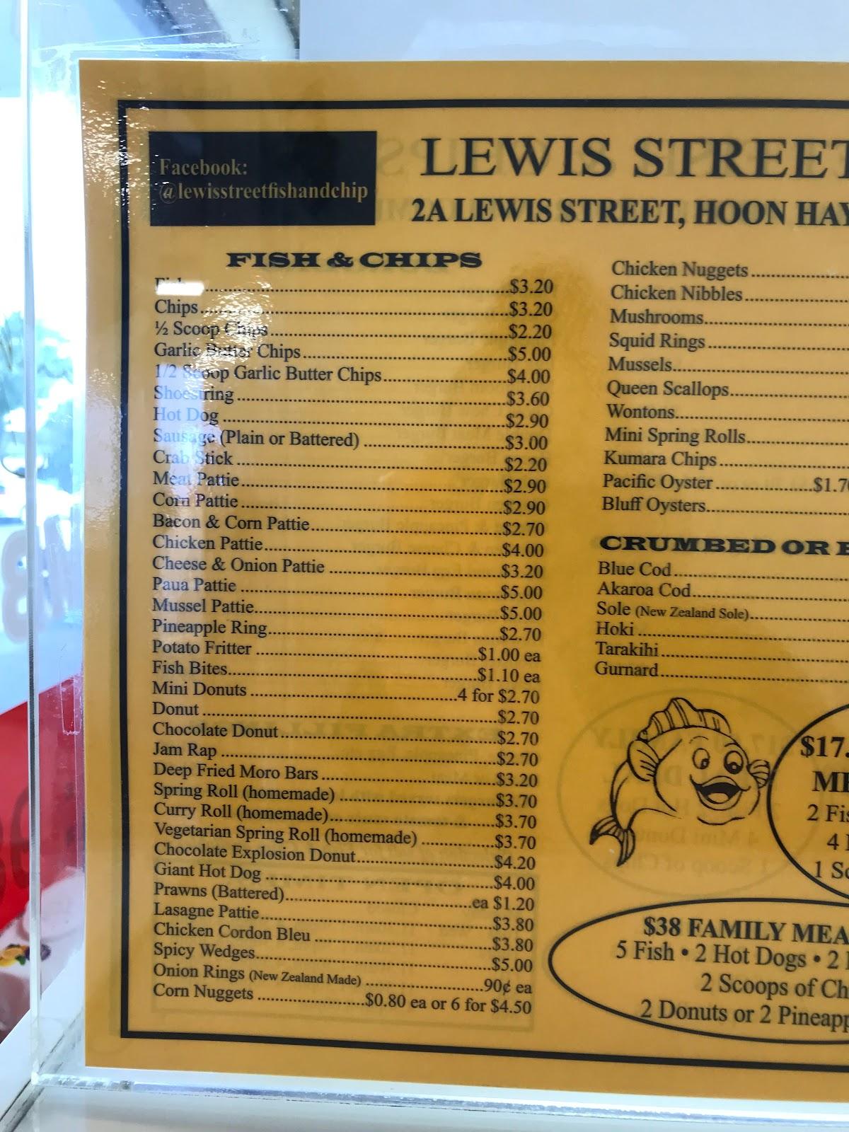 Menu at Lewis Street Food Bar/ Fish and Chips, Christchurch