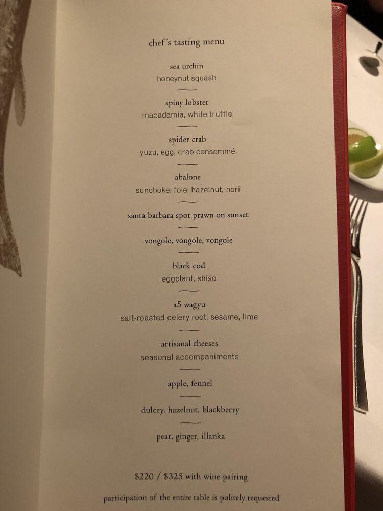 Menu at Providence restaurant, Los Angeles