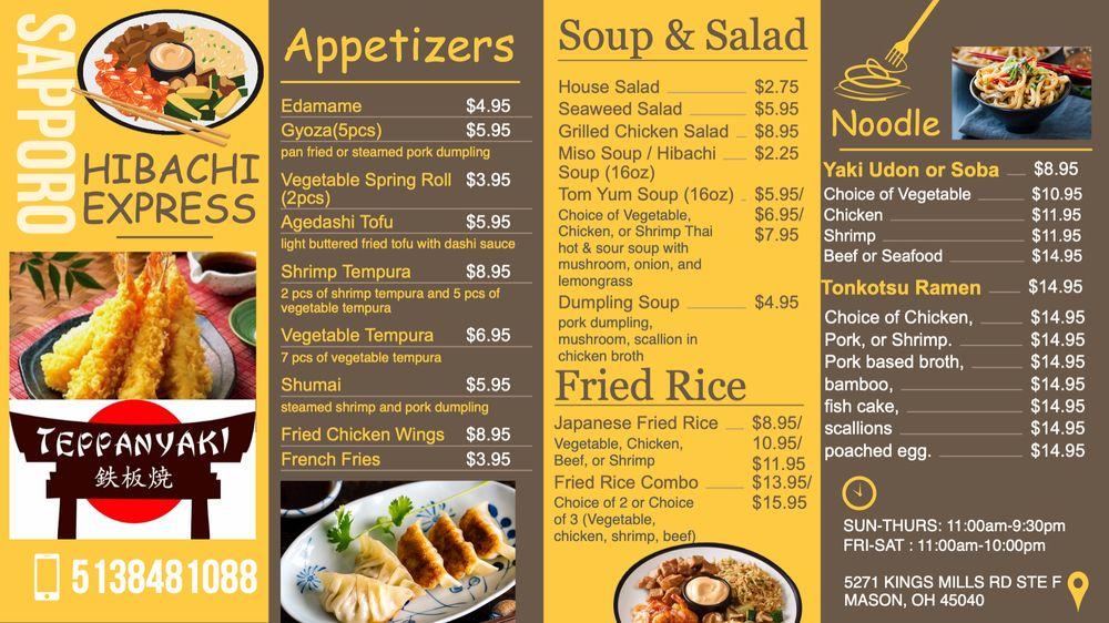 Menu at Sapporo Hibachi Express restaurant, Mason