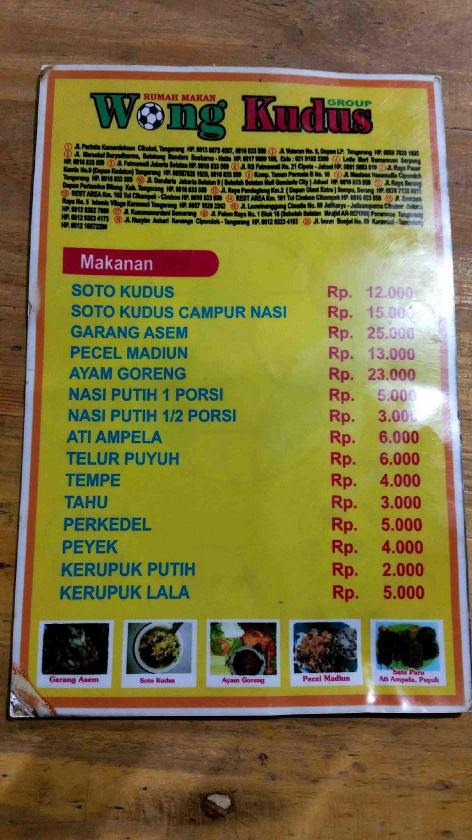 Carta del restaurante Soto Kudus & Garang Asem - Wong Kudus Ciater ...