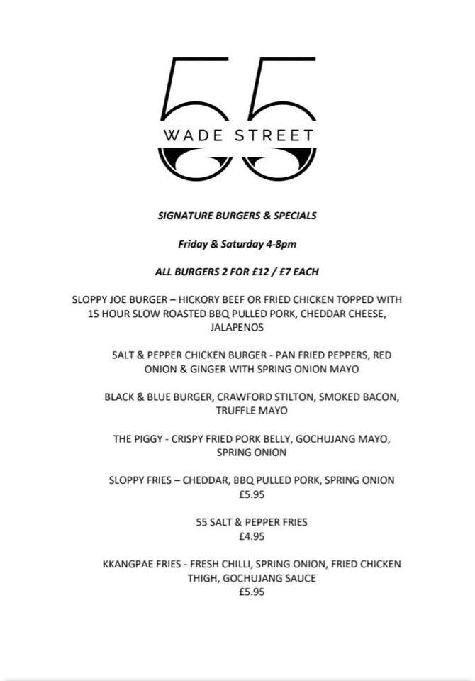 Menu at 55 Wade Street pub & bar, Lichfield