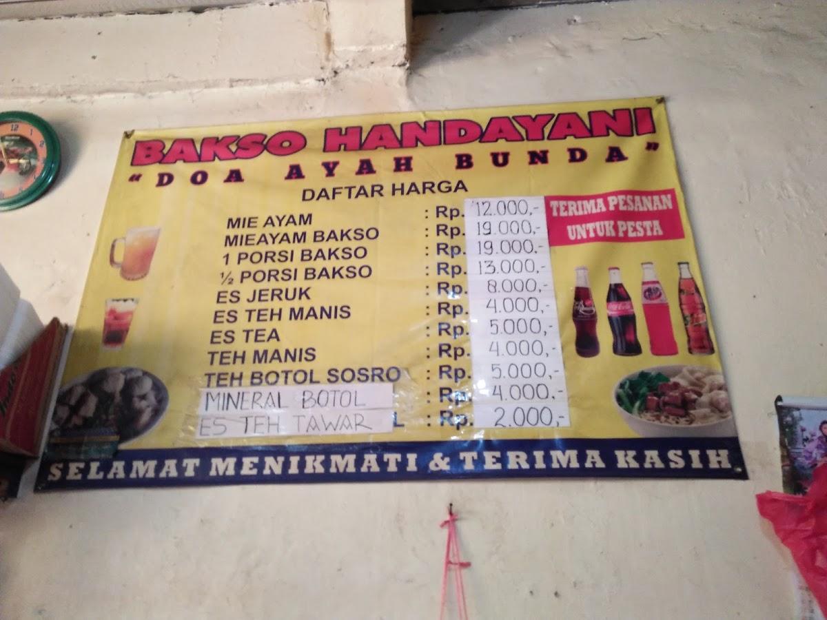 Menu at Bakso Handayani restaurant, Jakarta
