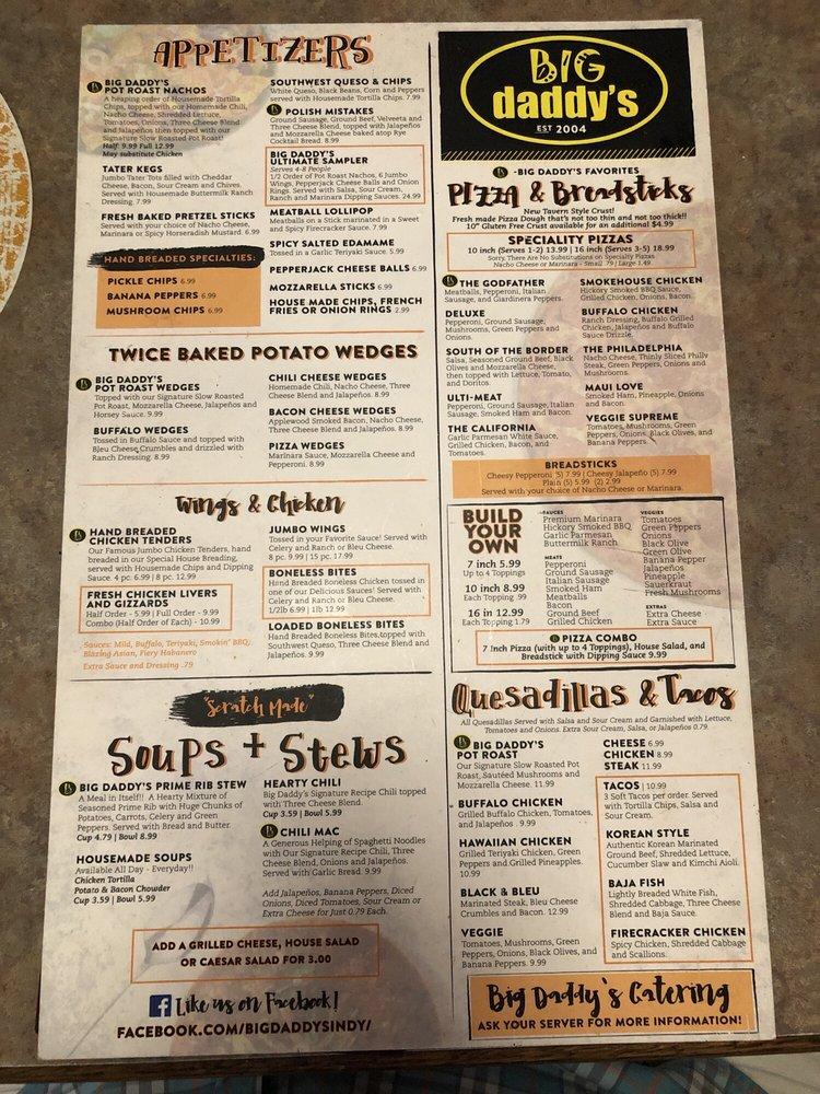Menu at Big Daddy's Bar & Grill, Indianapolis
