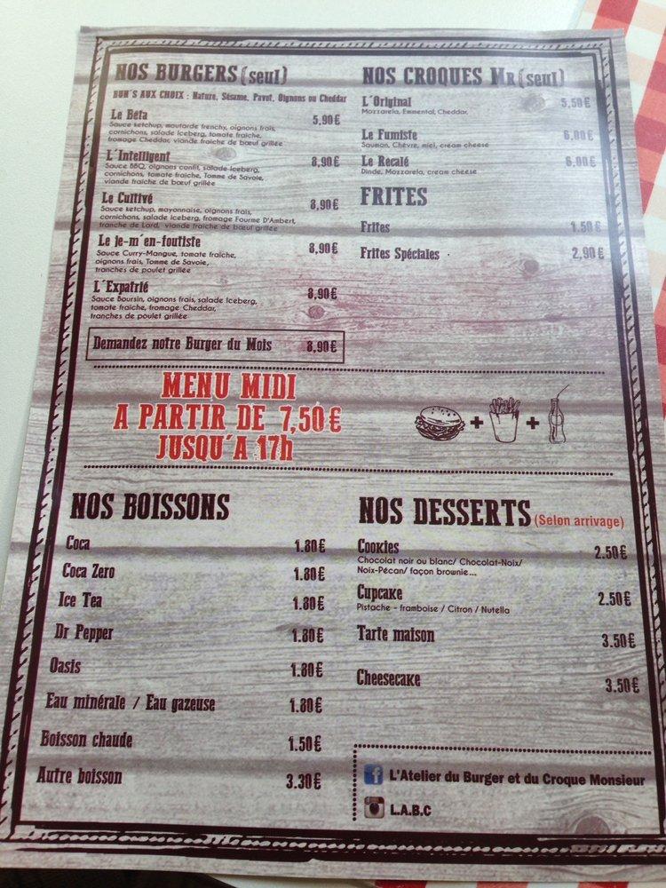 Menu at L'Atelier du Burger et du Croque Monsieur restaurant, Paris
