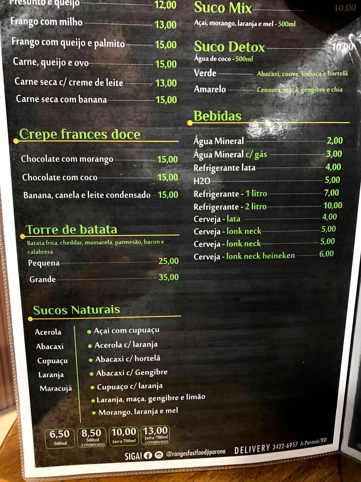 Menu em Rango's Fast Food, Ji-Paraná