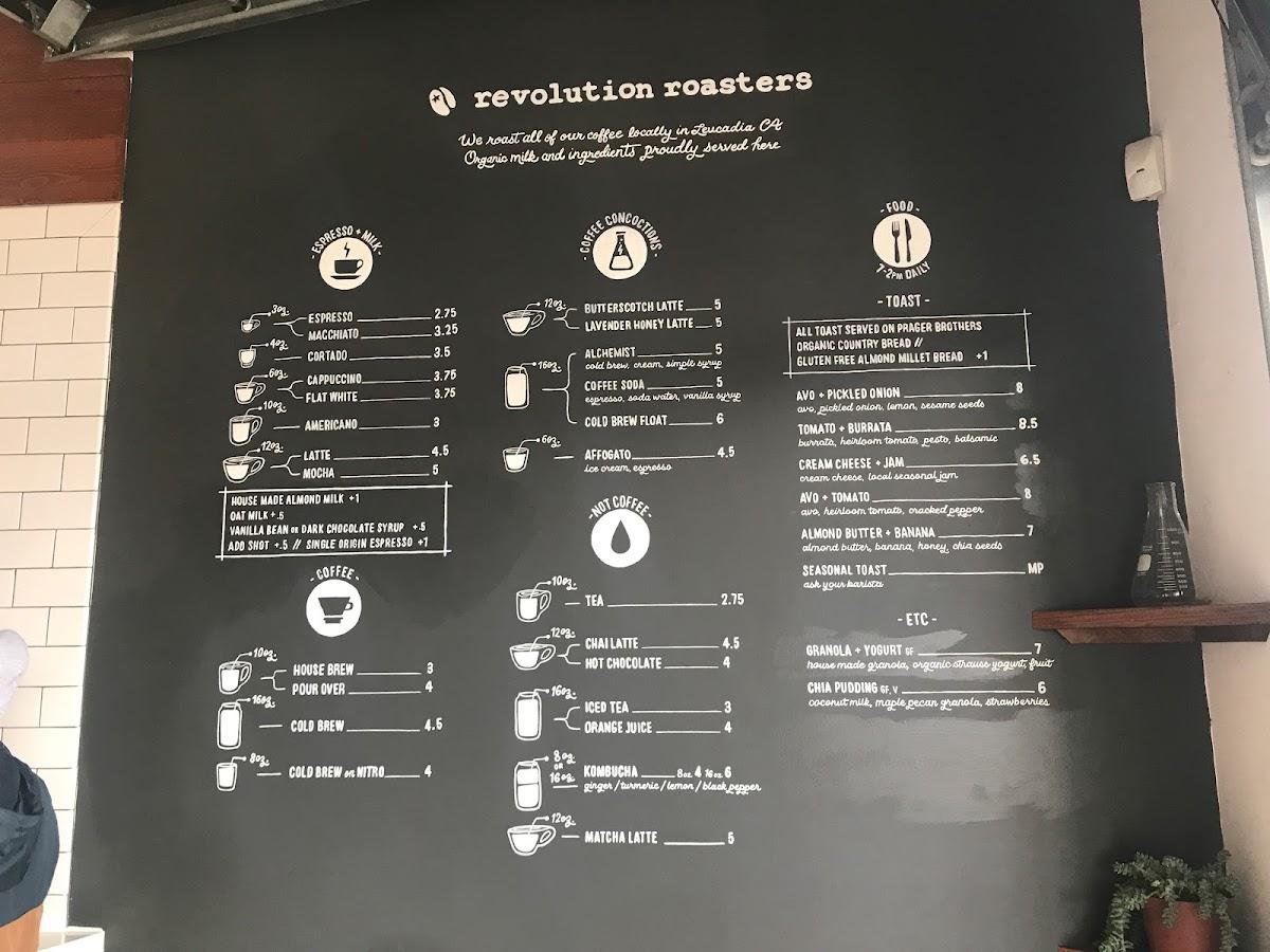 Menu at Revolution Roasters cafe, Oceanside
