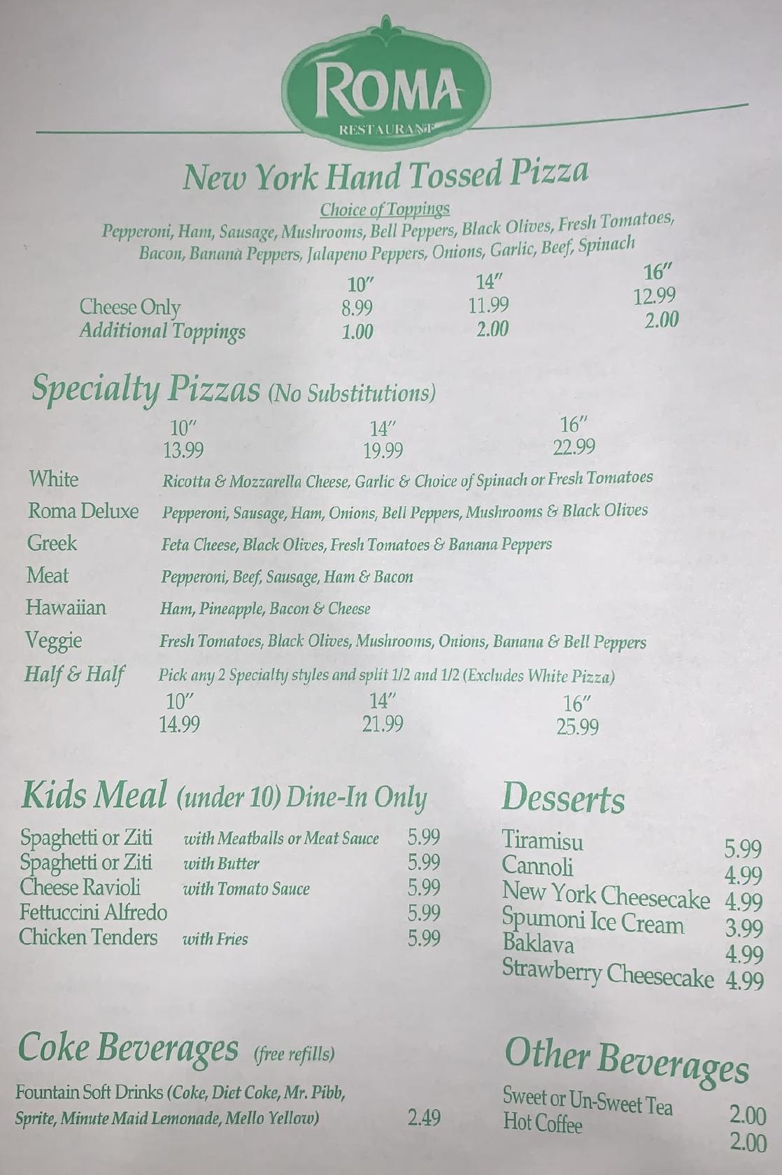 Menu at Roma Restaurant Pizza, Pasta, & More, Nebo