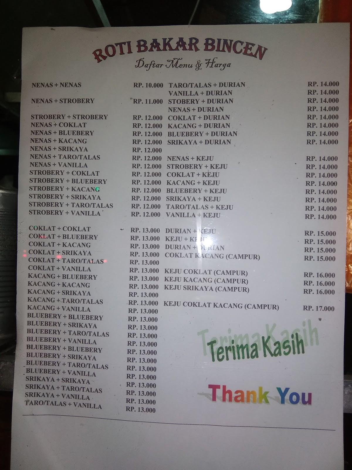Menu at Roti Bakar Bincen Khas Bandung cafe, Tanjung Pinang