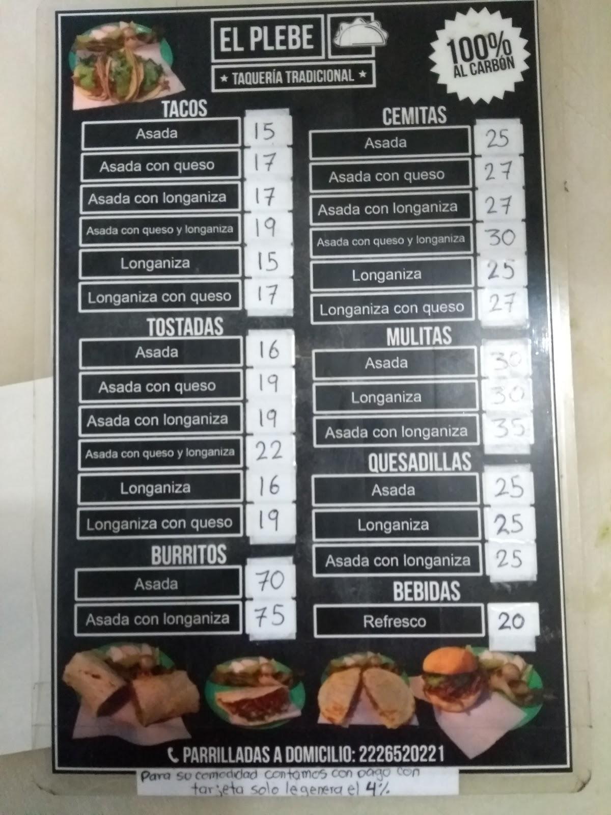 Menu at Tacos Plebe restaurant, San Andres Cholula