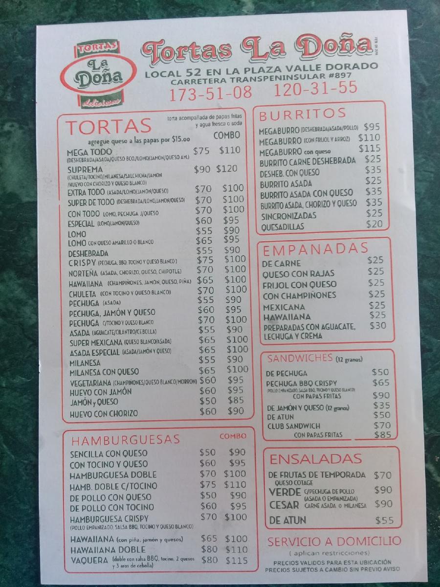 Menu at Tortas la Doña restaurant, Ensenada, México 1 897