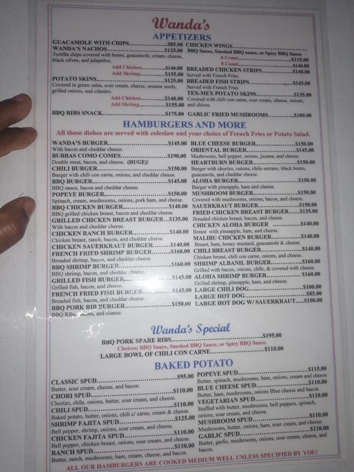 Menu at Wanda's Burger & Ribs restaurant, Rincón de Guayabitos