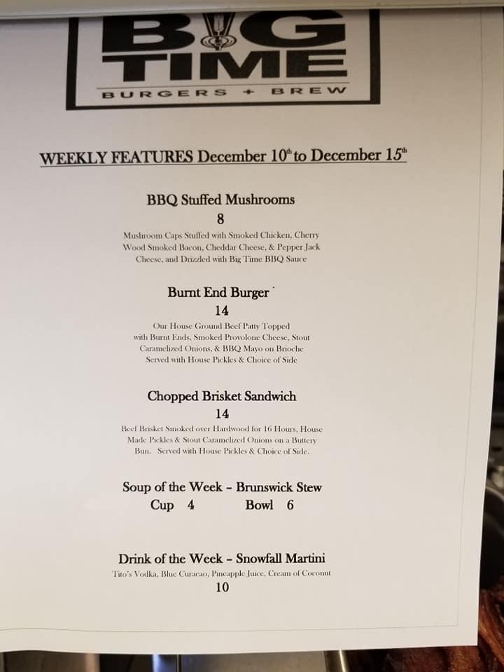 Menu at Big Time Burgers + Brew desserts, Portage