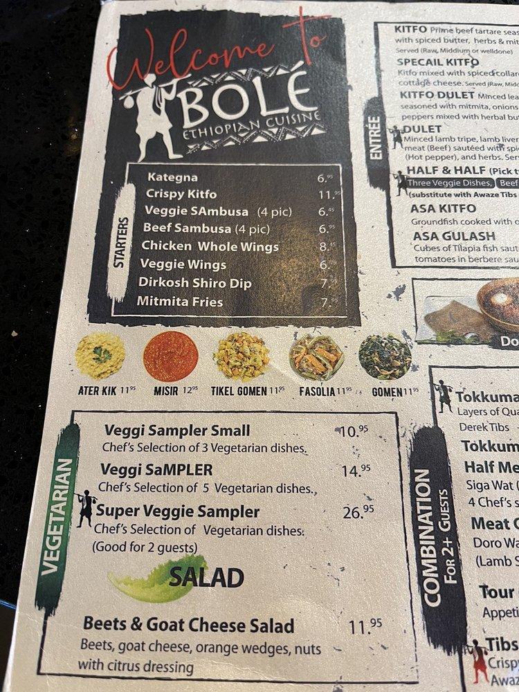 Menu at Bole Ethiopian Cuisine restaurant, Falcon Heights, Pascal St