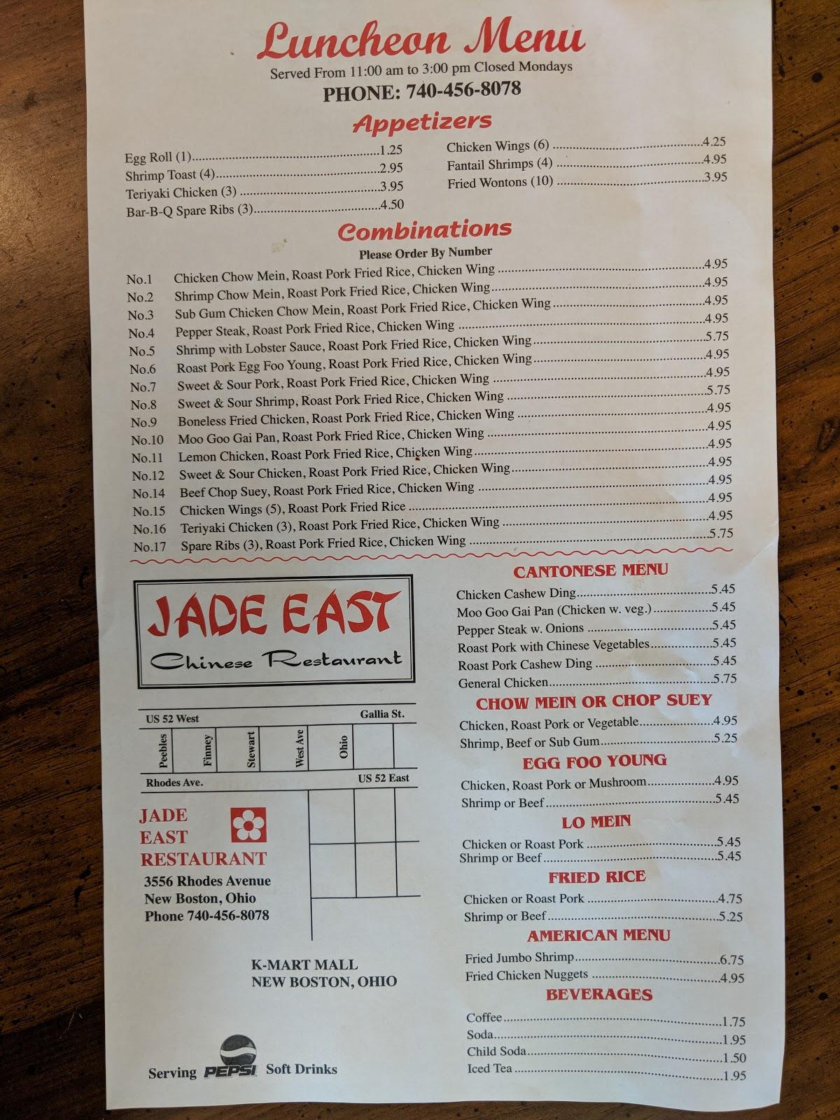 Menu at Jade East Chinese Restaurant, New Boston
