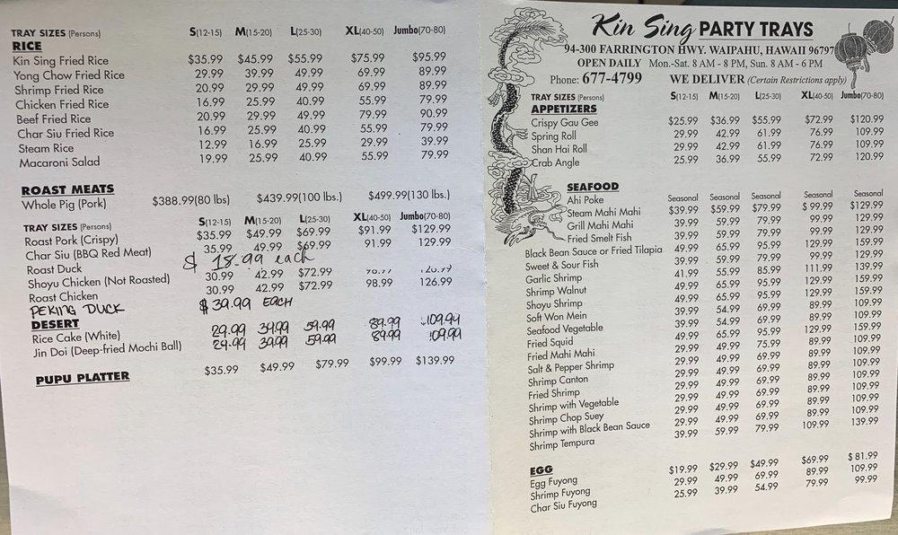 Menu at Kin Sing Chinese Fast Food, Waipahu