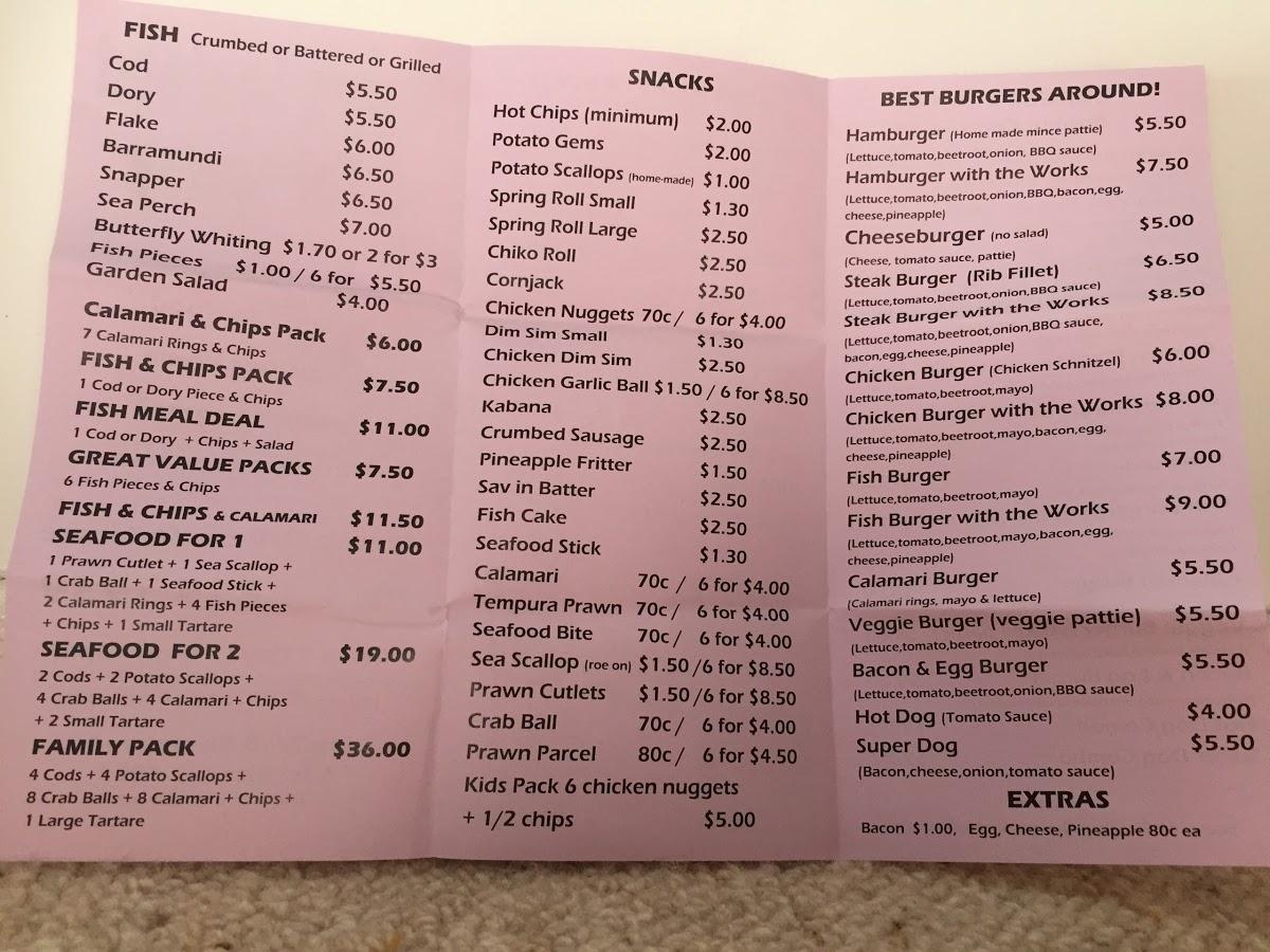Menu at Mary's Seafood restaurant, Mitchelton