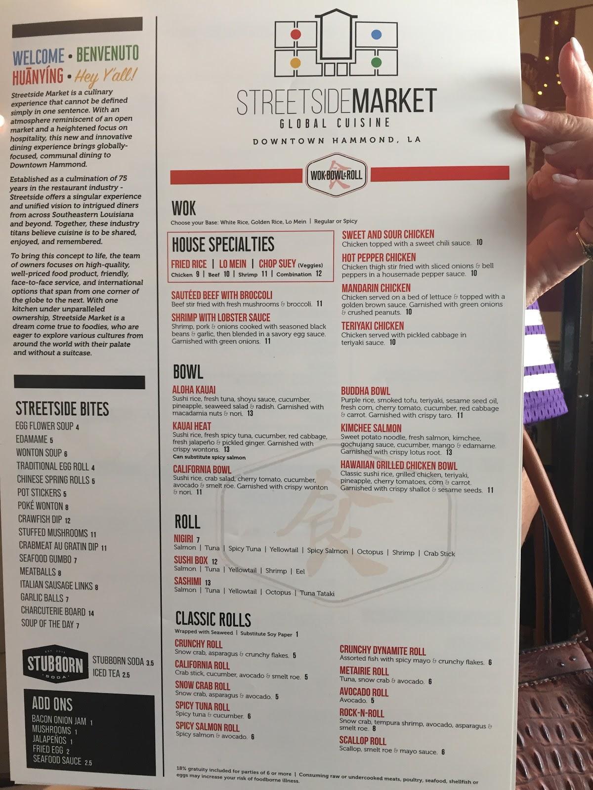 Menu at Streetside Market restaurant, Hammond