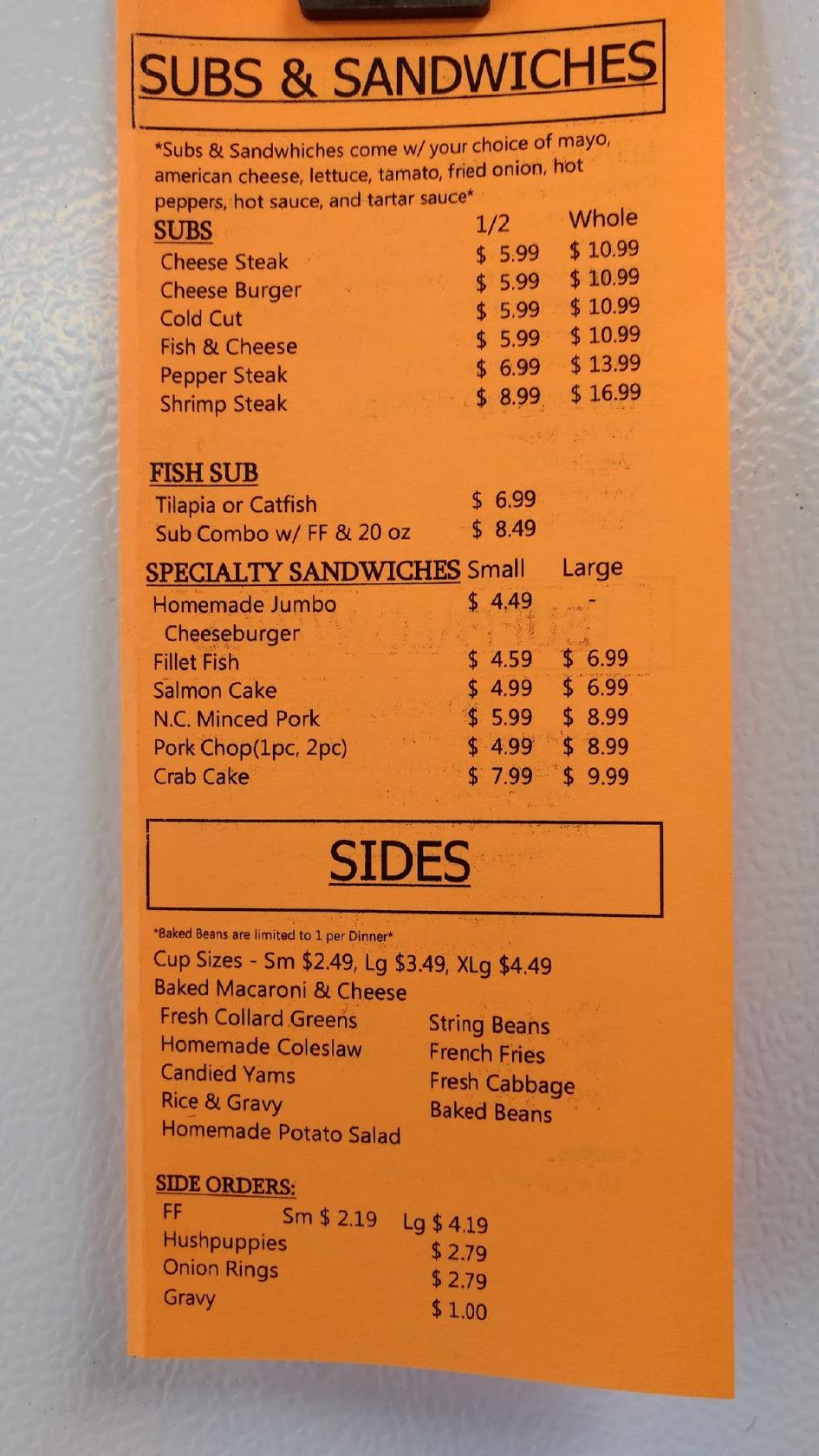 Menu at Suburban Seafood restaurant, Capitol Heights