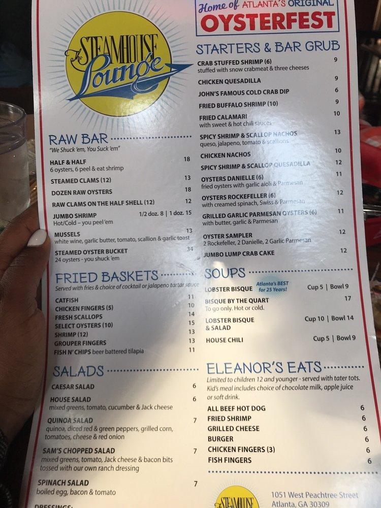 Menu at The Steamhouse Lounge pub & bar, Atlanta, W Peachtree St NW