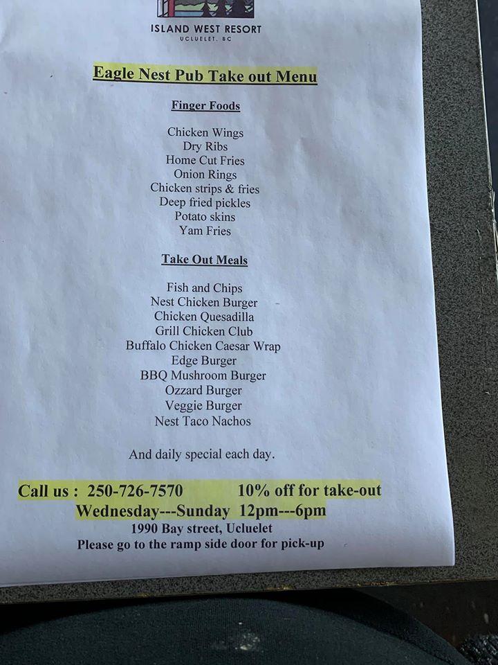Menu at Eagle's Nest Pub, Ucluelet