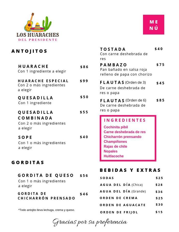 Menu at Los Huaraches Del Presidente restaurant, Mexicali, Calle Cerro ...