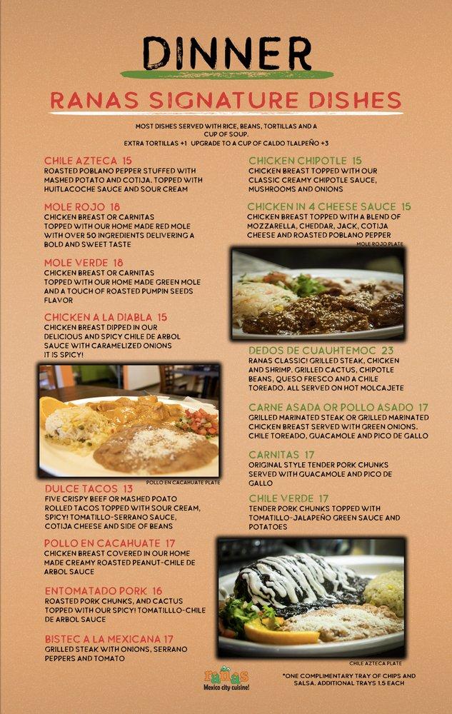 Menu at Ranas restaurant, Spring Valley