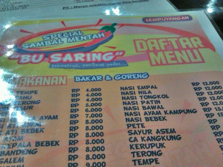 Menu at Sambal Mentah Bu Saring restaurant, Yogyakarta, Jl. Hayam Wuruk ...