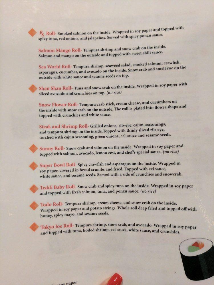 Menu at Taste of Tokyo restaurant, Destrehan