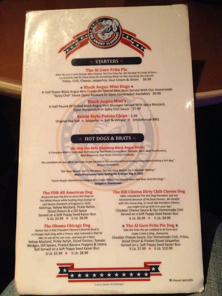 Menu at The Angry Elephant pub & bar, San Antonio, US-281 #107
