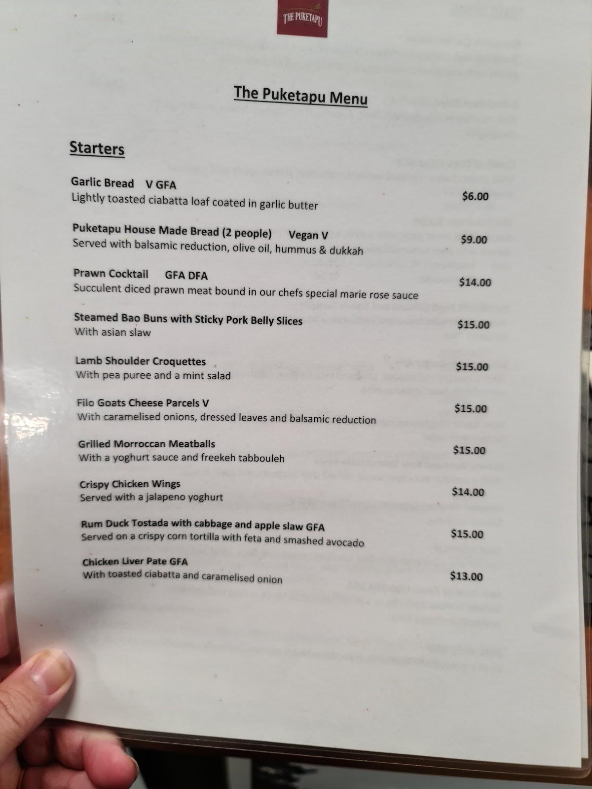 Menu at The Puketapu restaurant, Puketapu