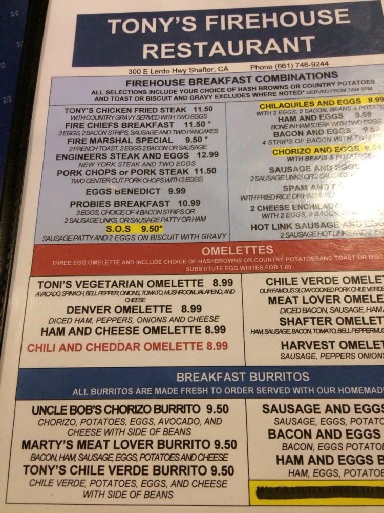Menu at Tony's Firehouse Restaurant, Shafter