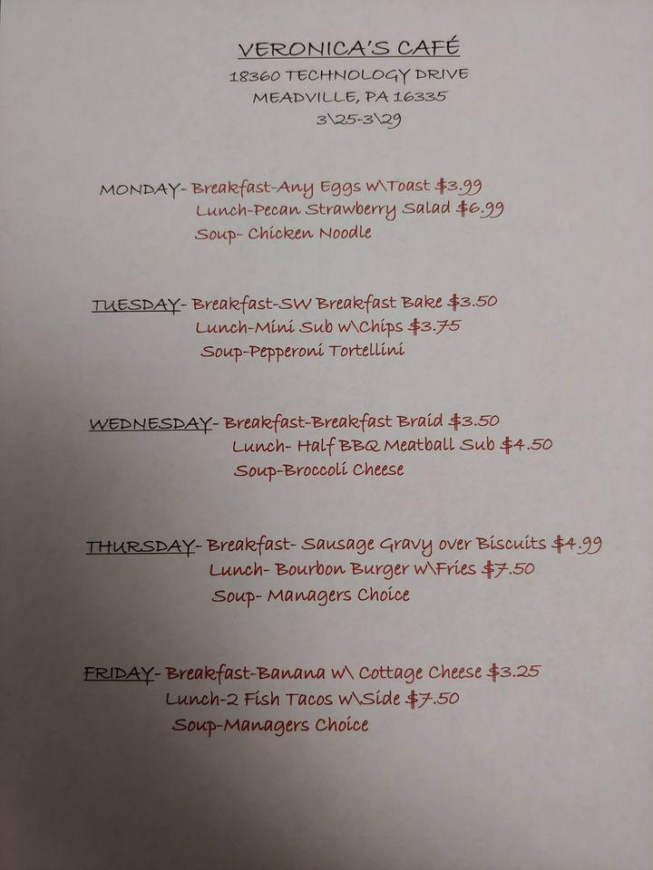 Menu at Veronica's Cafe, Meadville
