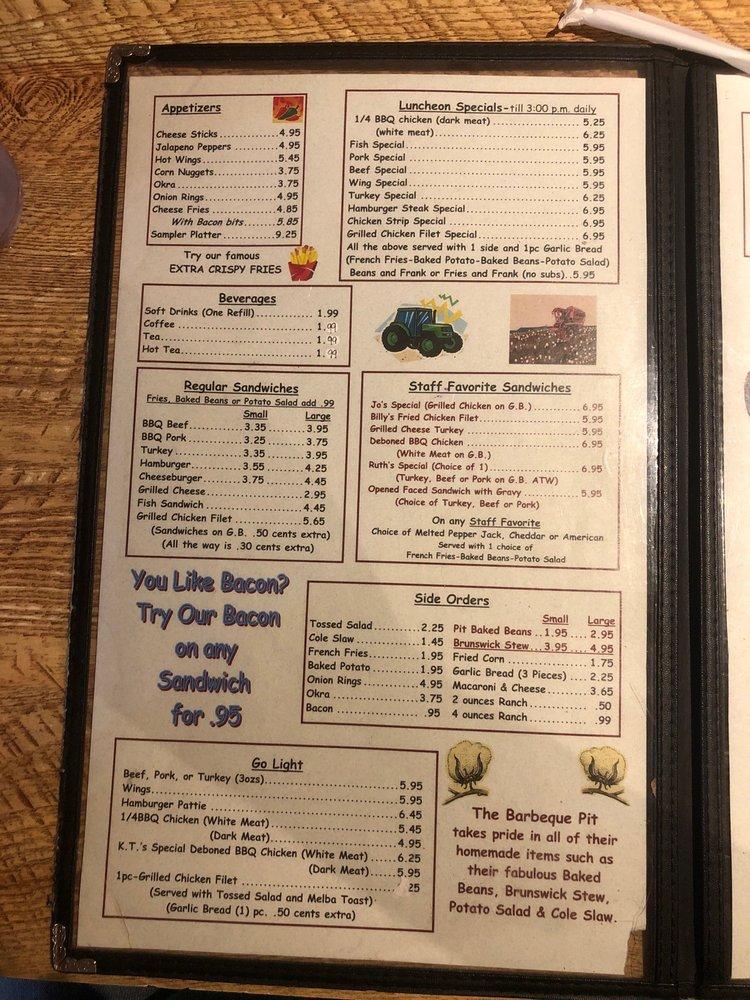Menu at Barbecue Pit, Moultrie