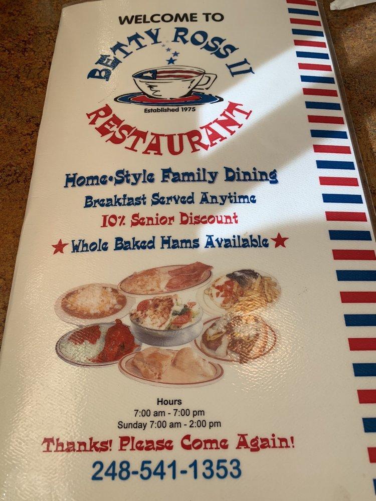 Menu at Betty Ross restaurant, Madison Heights