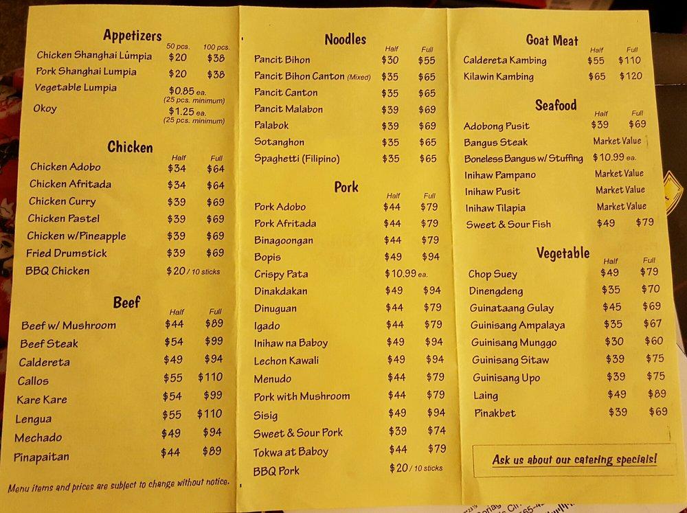 Menu at Mabuhay Oriental Cuisine restaurant, Antioch