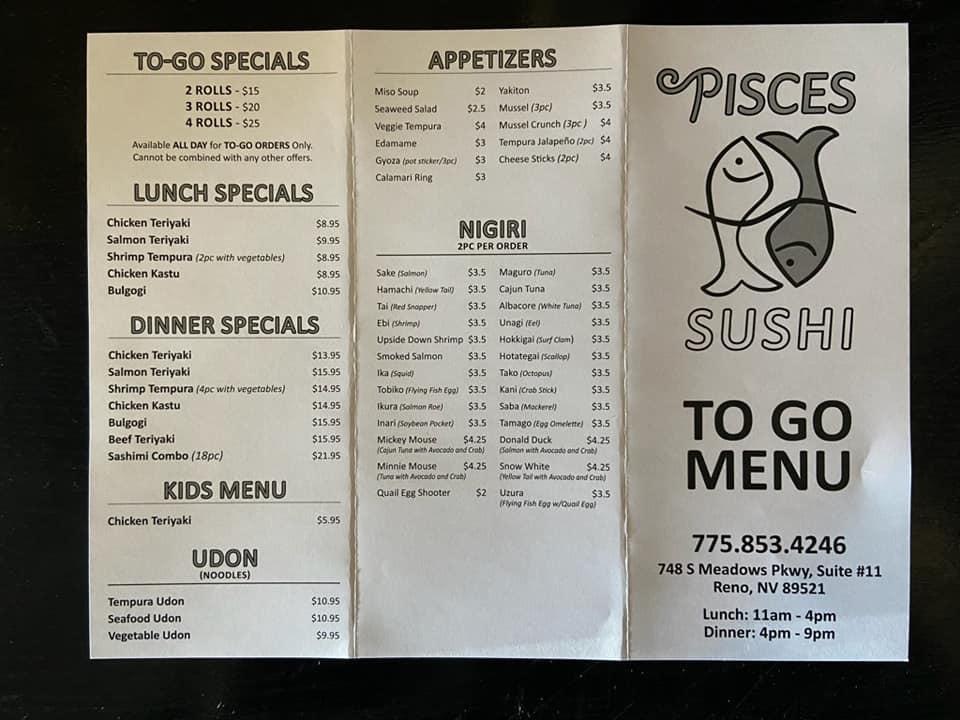 Menu at Pisces restaurant, Reno