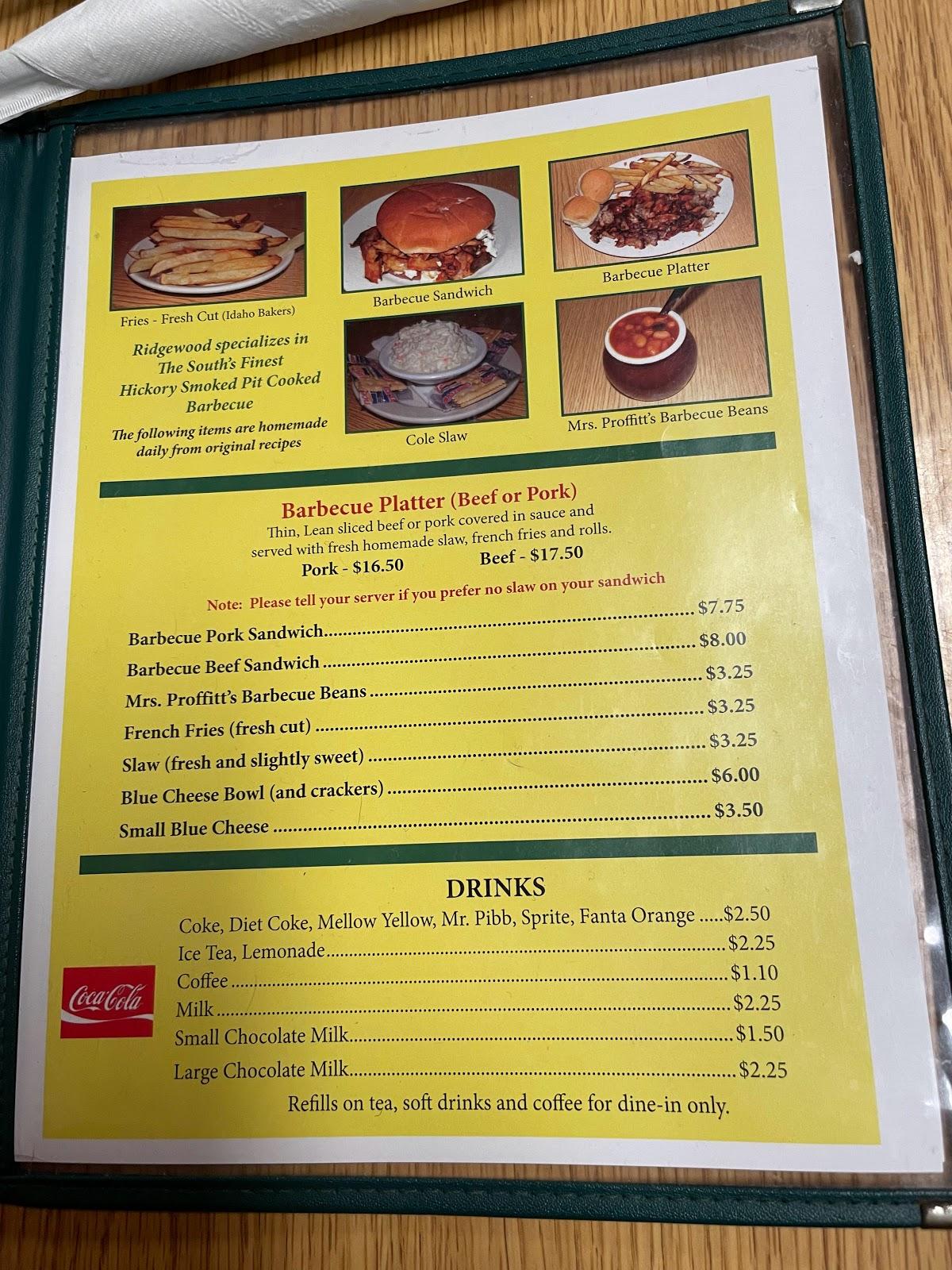 Menu at Ridgewood Barbecue, Bluff City